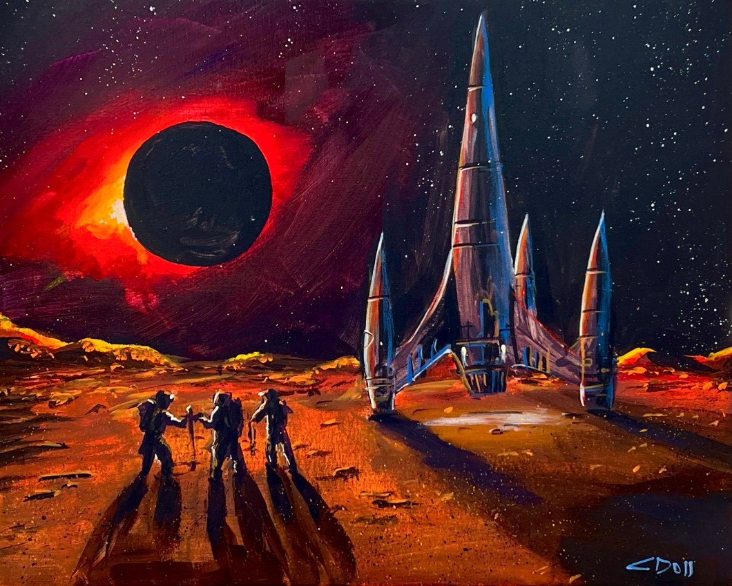 Retro Lunar Landing with Eclipse – Space Art by Christopher Doll